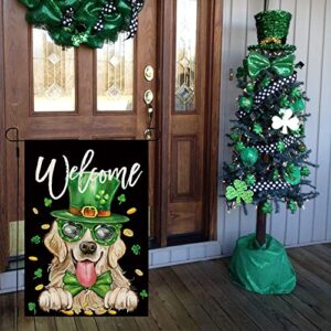 CROWNED BEAUTY St Patricks Day Dog Garden Flag Golden Retriever 12x18 Inch Double Sided for Outside Small Burlap Shamrocks Clovers Green Hat Gold Welcome Yard Holiday Decoration CF728-12