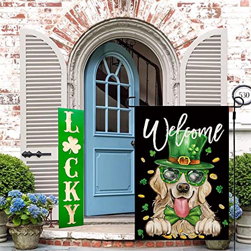 CROWNED BEAUTY St Patricks Day Dog Garden Flag Golden Retriever 12x18 Inch Double Sided for Outside Small Burlap Shamrocks Clovers Green Hat Gold Welcome Yard Holiday Decoration CF728-12