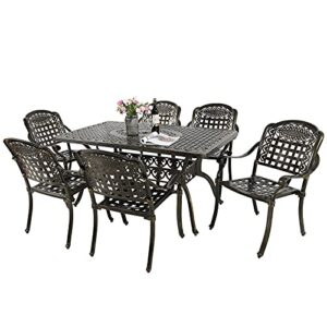 meetwarm 7-piece outdoor furniture dining set, all weather cast aluminum patio garden set with 6 chairs, 1 rectangular table, 2″ umbrella hole, dark bronze