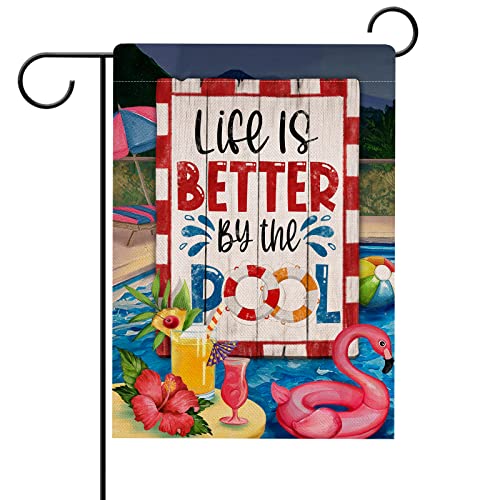 Hzppyz Life is Better by the Pool Summer Garden Flag Double Sided, Flamingo Juice Decorative Yard Outdoor Small Decor Burlap Home Outside Decoration 12 x 18