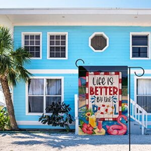 Hzppyz Life is Better by the Pool Summer Garden Flag Double Sided, Flamingo Juice Decorative Yard Outdoor Small Decor Burlap Home Outside Decoration 12 x 18