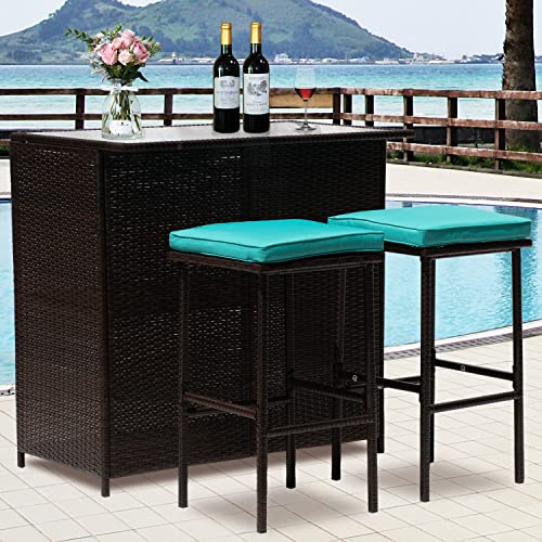 3-Piece Patio Bar Set Outdoor Wicker Bar Set All-Weather Rattan Bar Table Set Outdoor Furniture Set w/2 Stools, Glass Top Table and 2 Thick Cushion for Patios Backyards Porches Gardens Poolside, Blue