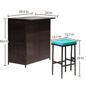 3-Piece Patio Bar Set Outdoor Wicker Bar Set All-Weather Rattan Bar Table Set Outdoor Furniture Set w/2 Stools, Glass Top Table and 2 Thick Cushion for Patios Backyards Porches Gardens Poolside, Blue