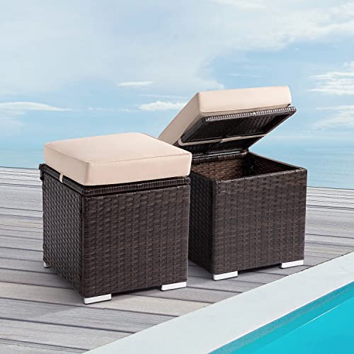 Outdoor Ottoman for Patio, Rattan Wicker Ottoman with Storage Outdoor Foot Rest Footstool seat for Patio Furniture w/Removeable Extra Thick Cushion for Balcony Backyard Garden Poolside Set of 2 Beige