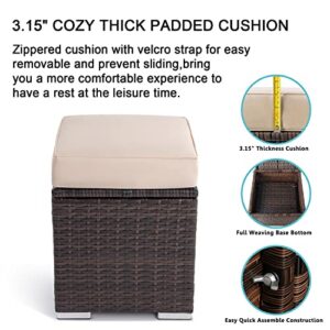 Outdoor Ottoman for Patio, Rattan Wicker Ottoman with Storage Outdoor Foot Rest Footstool seat for Patio Furniture w/Removeable Extra Thick Cushion for Balcony Backyard Garden Poolside Set of 2 Beige