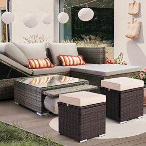 Outdoor Ottoman for Patio, Rattan Wicker Ottoman with Storage Outdoor Foot Rest Footstool seat for Patio Furniture w/Removeable Extra Thick Cushion for Balcony Backyard Garden Poolside Set of 2 Beige