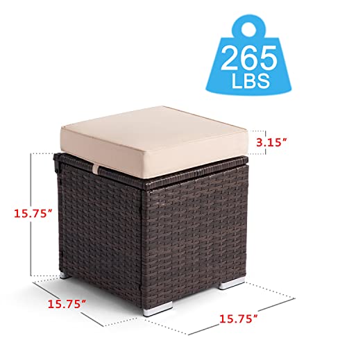 Outdoor Ottoman for Patio, Rattan Wicker Ottoman with Storage Outdoor Foot Rest Footstool seat for Patio Furniture w/Removeable Extra Thick Cushion for Balcony Backyard Garden Poolside Set of 2 Beige