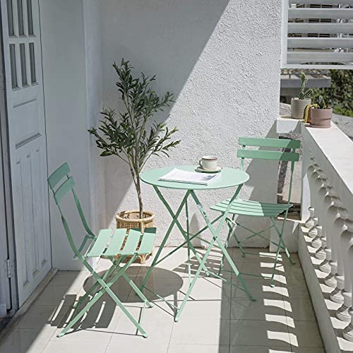 PATIO CHOICE Patio Bistro Set, Outdoor Patio Furniture Sets,3 Piece Patio Set of Foldable Bistro Chairs and Table,Mint Green