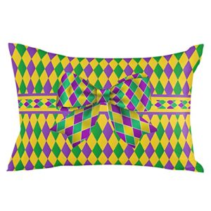 Outdoor Waterproof Throw Pillow Covers Set of 2 Cushion Cases Mardi Gras Purple Yellow Green Plaid Bow Pillow Covers,Decorative Pillowcases for Patio,Garden,Couch 20x12 Inch