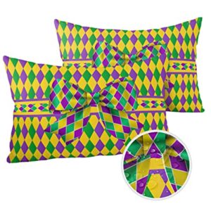 Outdoor Waterproof Throw Pillow Covers Set of 2 Cushion Cases Mardi Gras Purple Yellow Green Plaid Bow Pillow Covers,Decorative Pillowcases for Patio,Garden,Couch 20x12 Inch