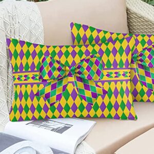 Outdoor Waterproof Throw Pillow Covers Set of 2 Cushion Cases Mardi Gras Purple Yellow Green Plaid Bow Pillow Covers,Decorative Pillowcases for Patio,Garden,Couch 20x12 Inch