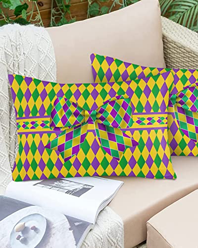 Outdoor Waterproof Throw Pillow Covers Set of 2 Cushion Cases Mardi Gras Purple Yellow Green Plaid Bow Pillow Covers,Decorative Pillowcases for Patio,Garden,Couch 20x12 Inch