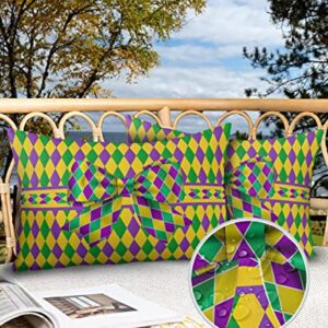 Outdoor Waterproof Throw Pillow Covers Set of 2 Cushion Cases Mardi Gras Purple Yellow Green Plaid Bow Pillow Covers,Decorative Pillowcases for Patio,Garden,Couch 20x12 Inch