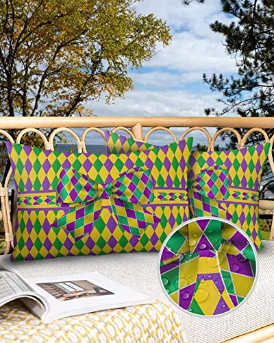 Outdoor Waterproof Throw Pillow Covers Set of 2 Cushion Cases Mardi Gras Purple Yellow Green Plaid Bow Pillow Covers,Decorative Pillowcases for Patio,Garden,Couch 20x12 Inch