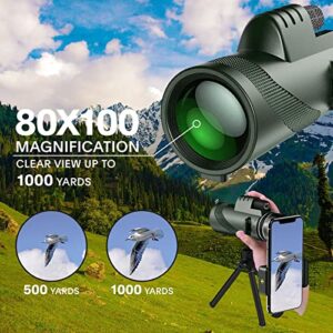 80x100 Monocular-Telescope Low Night Vision Monoculars High Definition for Adults High Powered with Smartphone Adapter Telescope Hunting Wildlife Bird Watching Travel Camping Hiking