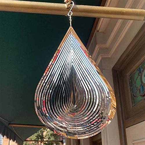 Jorontall Wind Spinner Stainless Steel 3D Flowing Light Effect Decoration for Outdoor Garden Hanging Decor Gifts 12“x 8“ Silver Water Drop-Shaped Spinners with 360° Rotating Hook