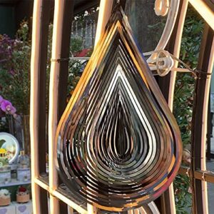 Jorontall Wind Spinner Stainless Steel 3D Flowing Light Effect Decoration for Outdoor Garden Hanging Decor Gifts 12“x 8“ Silver Water Drop-Shaped Spinners with 360° Rotating Hook