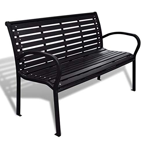 ShopHome | Garden Bench | Outdoor Bench for School Playgrounds, Colleges, Etc | Steel Bench Park Bench with Wood Plastic Composites Backrest | Deck WPC Cast Steel Bench Chair | 49 x 24 x 32, Black