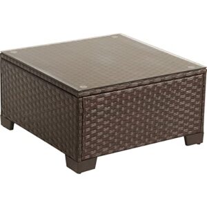 Rattaner Patio Furniture Wicker Coffee Table Outdoor Garden Square Side Table with Tempered Glass Top Brown