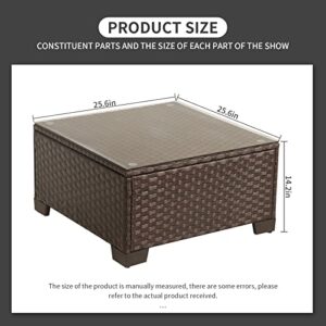 Rattaner Patio Furniture Wicker Coffee Table Outdoor Garden Square Side Table with Tempered Glass Top Brown