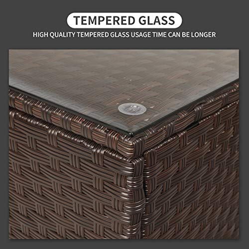 Rattaner Patio Furniture Wicker Coffee Table Outdoor Garden Square Side Table with Tempered Glass Top Brown