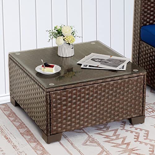 Rattaner Patio Furniture Wicker Coffee Table Outdoor Garden Square Side Table with Tempered Glass Top Brown