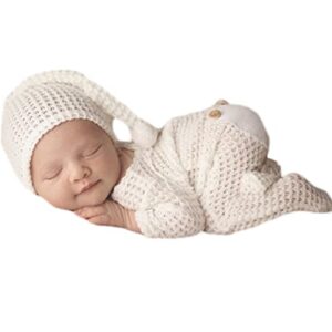 fashion newborn boys girls baby photo shoot props outfits crochet clothes long tail hat pants photography props (milk white)