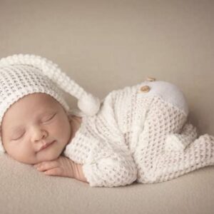 Fashion Newborn Boys Girls Baby Photo Shoot Props Outfits Crochet Clothes Long Tail Hat Pants Photography Props (milk white)