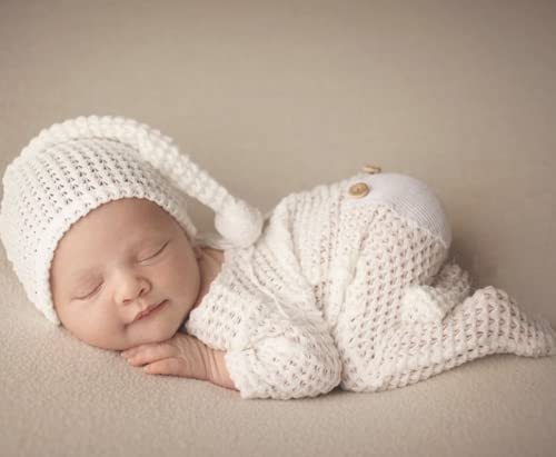 Fashion Newborn Boys Girls Baby Photo Shoot Props Outfits Crochet Clothes Long Tail Hat Pants Photography Props (milk white)