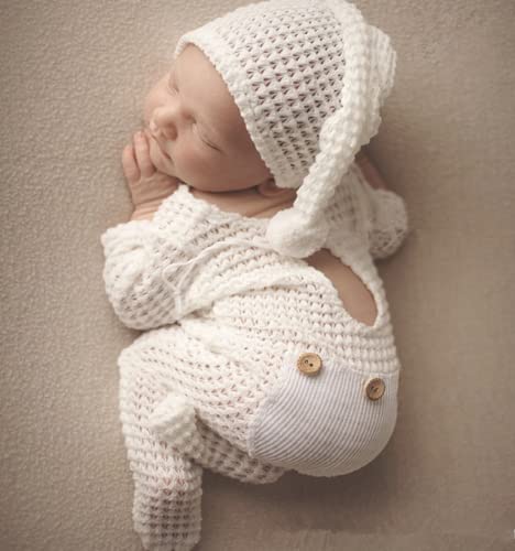 Fashion Newborn Boys Girls Baby Photo Shoot Props Outfits Crochet Clothes Long Tail Hat Pants Photography Props (milk white)