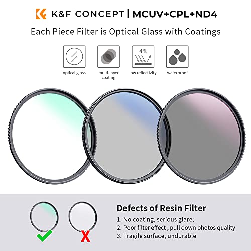 K&F Concept 67mm UV/CPL/ND Lens Filter Kit (3 Pieces)-18 Multi-Layer Coatings, UV Filter + Polarizer Filter + Neutral Density Filter (ND4) + Cleaning Cloth+ Filter Pouch for Camera Lens (K-Series)