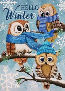 covido home decorative hello winter owls family garden flag, animals yard outside decorations, snow farmhouse outdoor small decor double sided 12×18