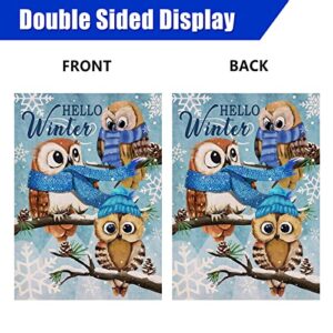 Covido Home Decorative Hello Winter Owls Family Garden Flag, Animals Yard Outside Decorations, Snow Farmhouse Outdoor Small Decor Double Sided 12x18