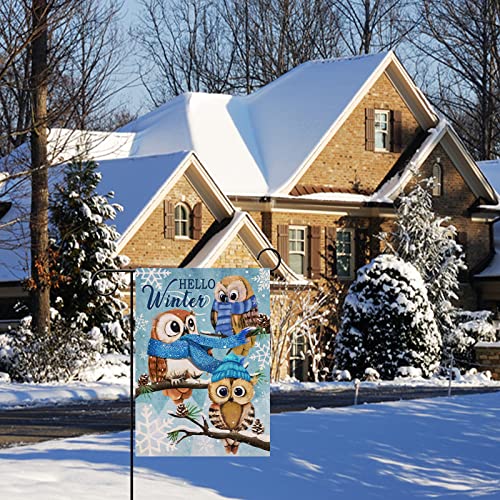 Covido Home Decorative Hello Winter Owls Family Garden Flag, Animals Yard Outside Decorations, Snow Farmhouse Outdoor Small Decor Double Sided 12x18