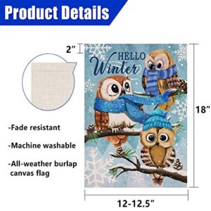 Covido Home Decorative Hello Winter Owls Family Garden Flag, Animals Yard Outside Decorations, Snow Farmhouse Outdoor Small Decor Double Sided 12x18