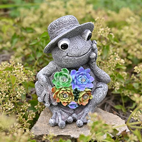 Sparkle Race Frog Garden Figurines Outdoor Decor Solar Frog with Succulents and 4 Led Lights Outdoor Gnomes Decorations for Patio, Balcony, Yard, Lawn Ornament Outside