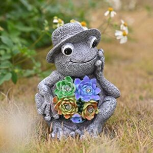 Sparkle Race Frog Garden Figurines Outdoor Decor Solar Frog with Succulents and 4 Led Lights Outdoor Gnomes Decorations for Patio, Balcony, Yard, Lawn Ornament Outside