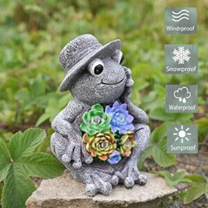 Sparkle Race Frog Garden Figurines Outdoor Decor Solar Frog with Succulents and 4 Led Lights Outdoor Gnomes Decorations for Patio, Balcony, Yard, Lawn Ornament Outside