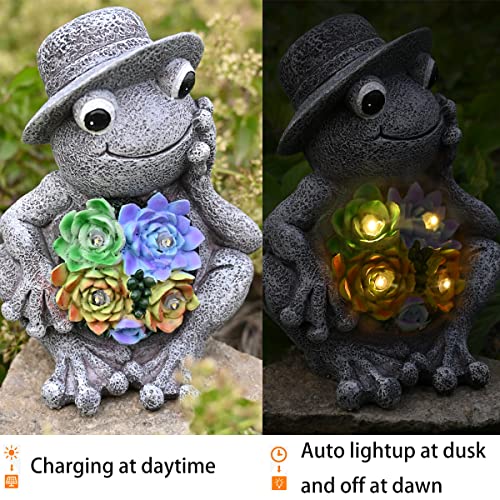 Sparkle Race Frog Garden Figurines Outdoor Decor Solar Frog with Succulents and 4 Led Lights Outdoor Gnomes Decorations for Patio, Balcony, Yard, Lawn Ornament Outside