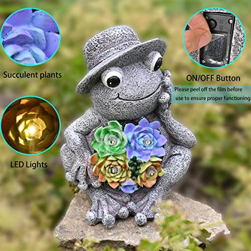 Sparkle Race Frog Garden Figurines Outdoor Decor Solar Frog with Succulents and 4 Led Lights Outdoor Gnomes Decorations for Patio, Balcony, Yard, Lawn Ornament Outside