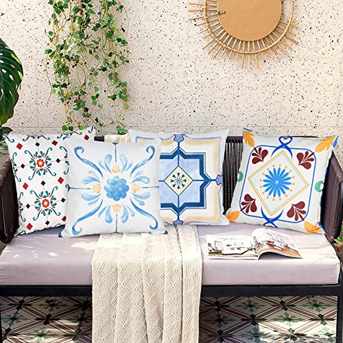 Basic Model Outdoor Waterproof Throw Pillow Covers 18x18 Inch Set of 4, Decorative Floral Cushion Covers for Couch Garden Patio Furniture