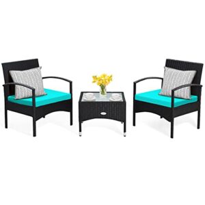 Tangkula 3 Pieces Patio Wicker Rattan Furniture Set, Rattan Chair with Coffee Table, High Load Bearing Chair Conversation Sets for Patio Garden Lawn Backyard Pool