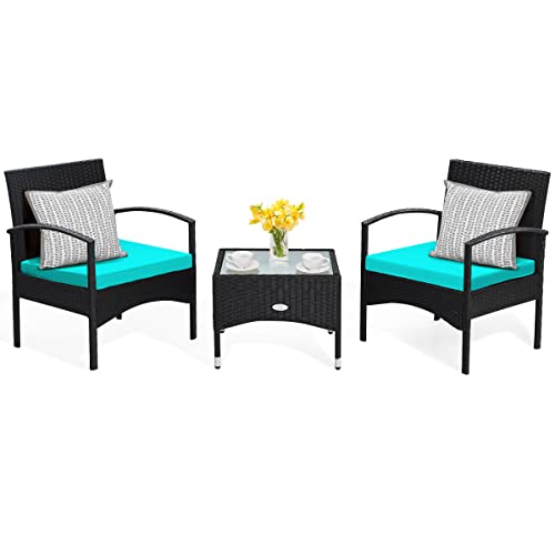 Tangkula 3 Pieces Patio Wicker Rattan Furniture Set, Rattan Chair with Coffee Table, High Load Bearing Chair Conversation Sets for Patio Garden Lawn Backyard Pool