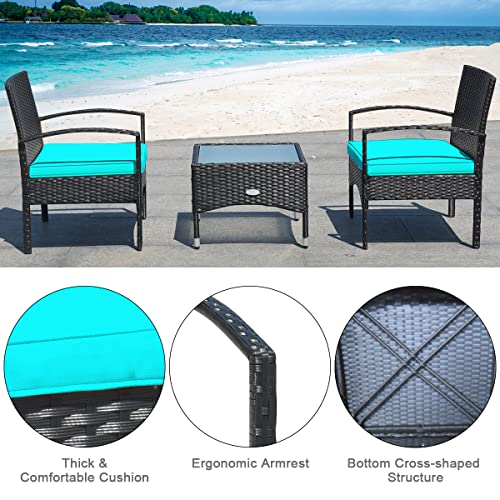 Tangkula 3 Pieces Patio Wicker Rattan Furniture Set, Rattan Chair with Coffee Table, High Load Bearing Chair Conversation Sets for Patio Garden Lawn Backyard Pool