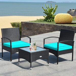 Tangkula 3 Pieces Patio Wicker Rattan Furniture Set, Rattan Chair with Coffee Table, High Load Bearing Chair Conversation Sets for Patio Garden Lawn Backyard Pool