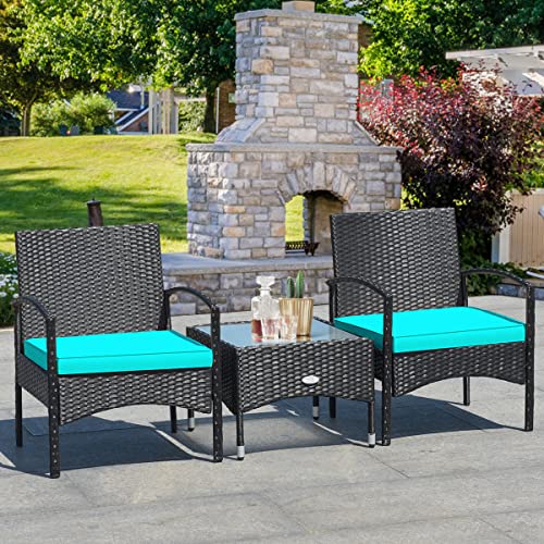 Tangkula 3 Pieces Patio Wicker Rattan Furniture Set, Rattan Chair with Coffee Table, High Load Bearing Chair Conversation Sets for Patio Garden Lawn Backyard Pool