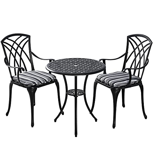 Kinger Home 3-Piece Outdoor Patio Bistro Table and Chair Set of 2, Cast Aluminum Patio Furniture with Cushion and Umbrella Hole, Black