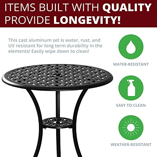 Kinger Home 3-Piece Outdoor Patio Bistro Table and Chair Set of 2, Cast Aluminum Patio Furniture with Cushion and Umbrella Hole, Black