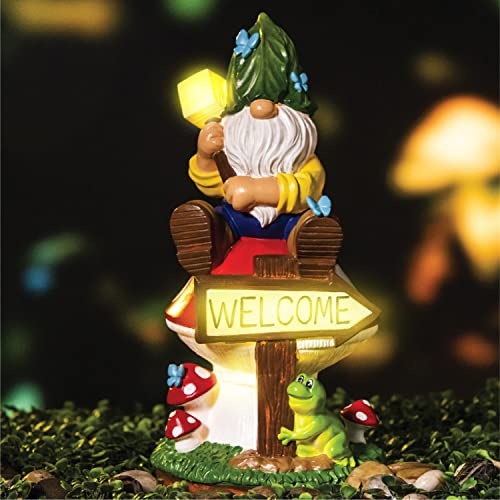 JOIEDOMI Garden Gnome Statue with Solar LED Light, Funny Christmas Gnomes Figurines with Welcome Sign, Gnomes Garden Decorations for Table Patio, Yard, Lawn Ornaments (Welcome)