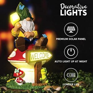 JOIEDOMI Garden Gnome Statue with Solar LED Light, Funny Christmas Gnomes Figurines with Welcome Sign, Gnomes Garden Decorations for Table Patio, Yard, Lawn Ornaments (Welcome)